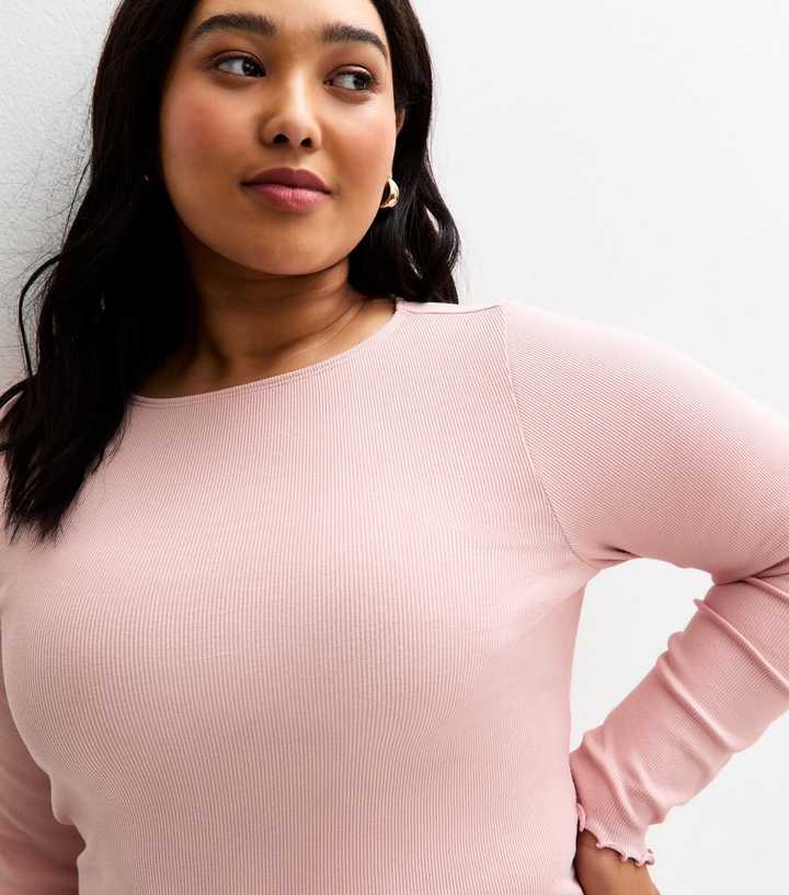 Curves Pink Long Sleeve Frilly Trim Top | New Look