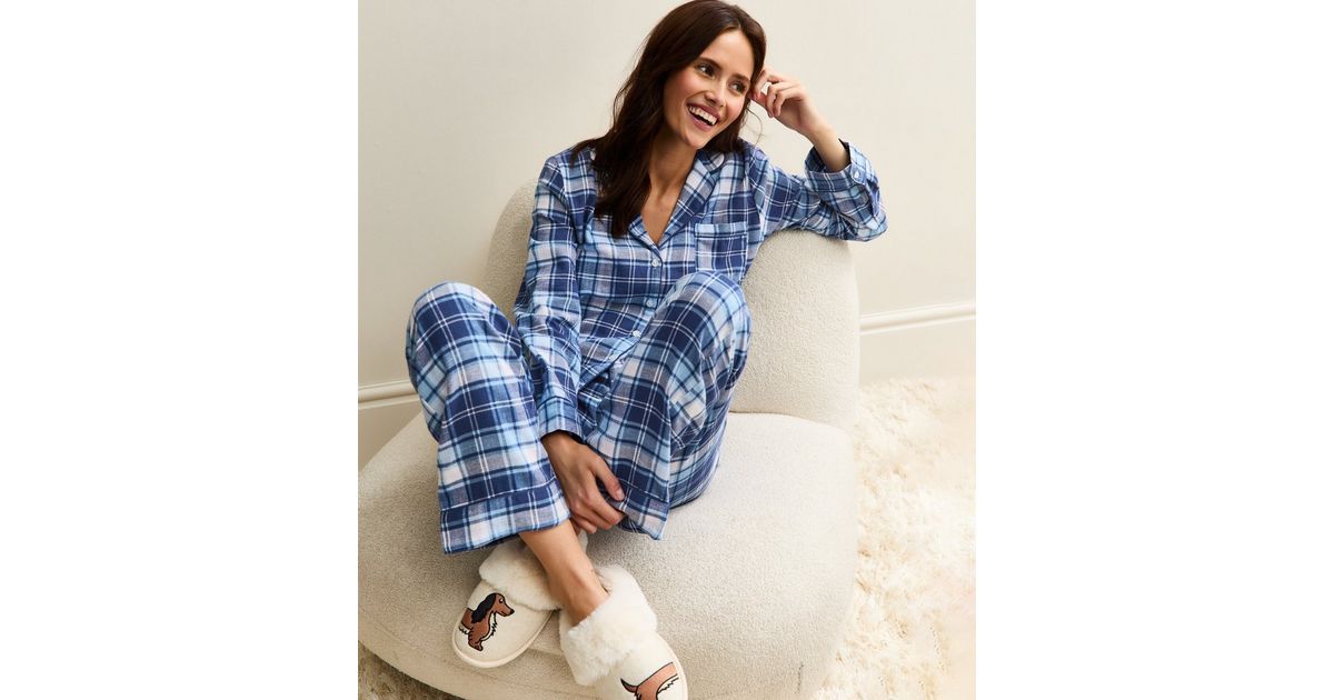 Blue Woven Check Pattern Revere Collar Pyjama Set | New Look