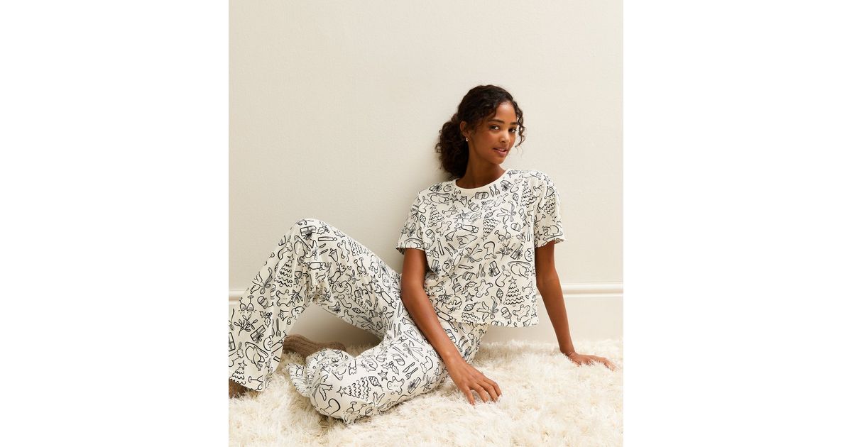 White Sketch Print Pyjama Set | New Look