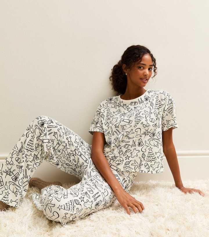 White Sketch Print Pyjama Set | New Look