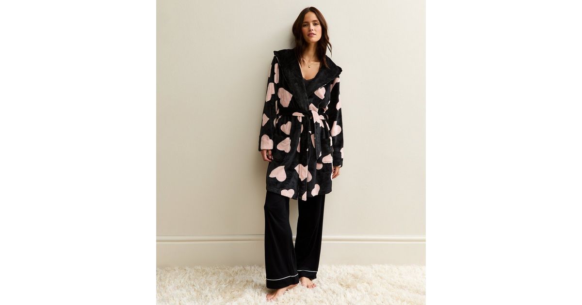 Black Hooded Heart Print Robe | New Look