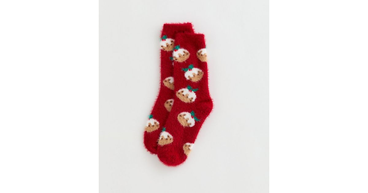 Bright Red Christmas Pudding Fluffy Ankle Socks | New Look