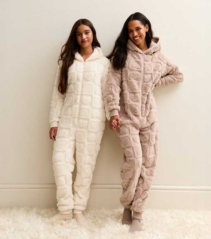 Girls Cream Heart Fleece Onesie | New Look