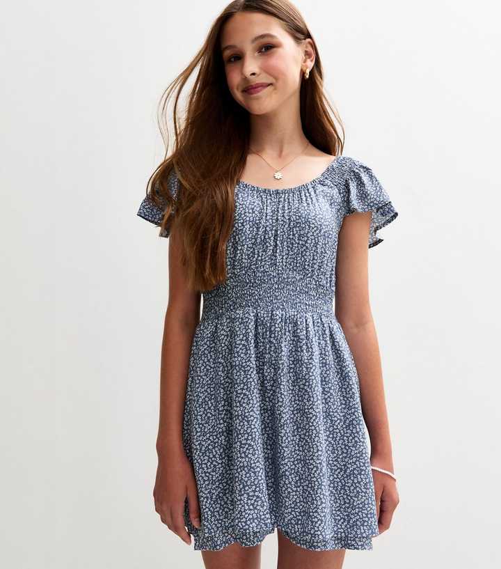Girls Blue Floral Print Skater Skort Dress | New Look