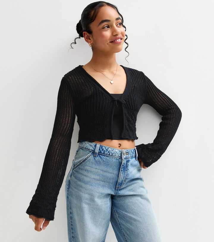 Girls Black Open Knit Flared Sleeve Cardigan | New Look