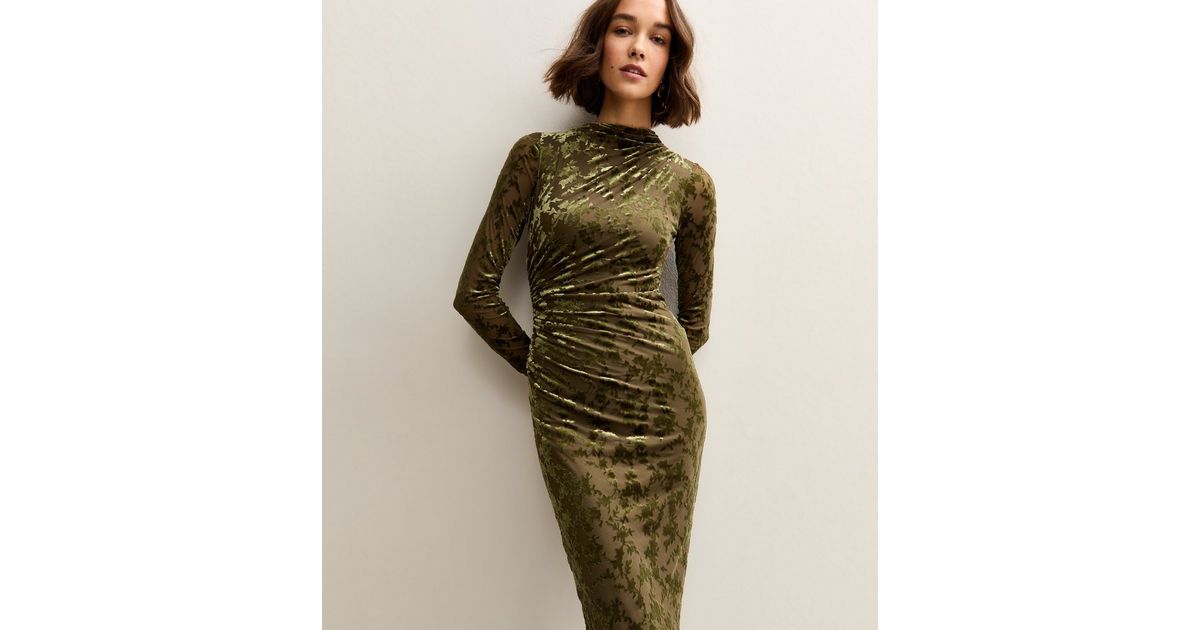 Light Khaki Velvet Floral Devore Long Sleeve Midaxi Dress | New Look