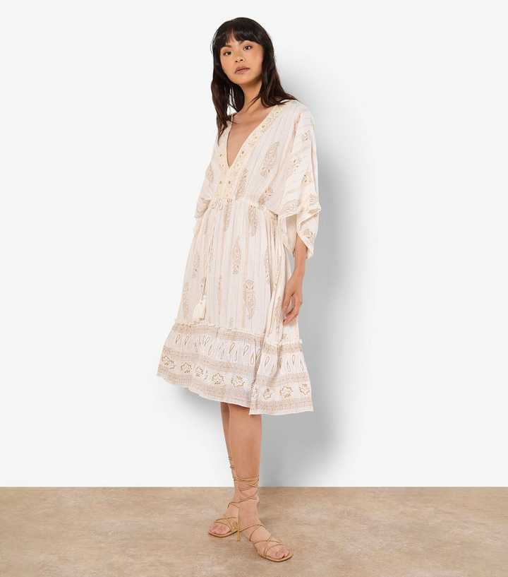 Apricot Off White Metallic Thread Paisley Pattern Midi Dress | New Look