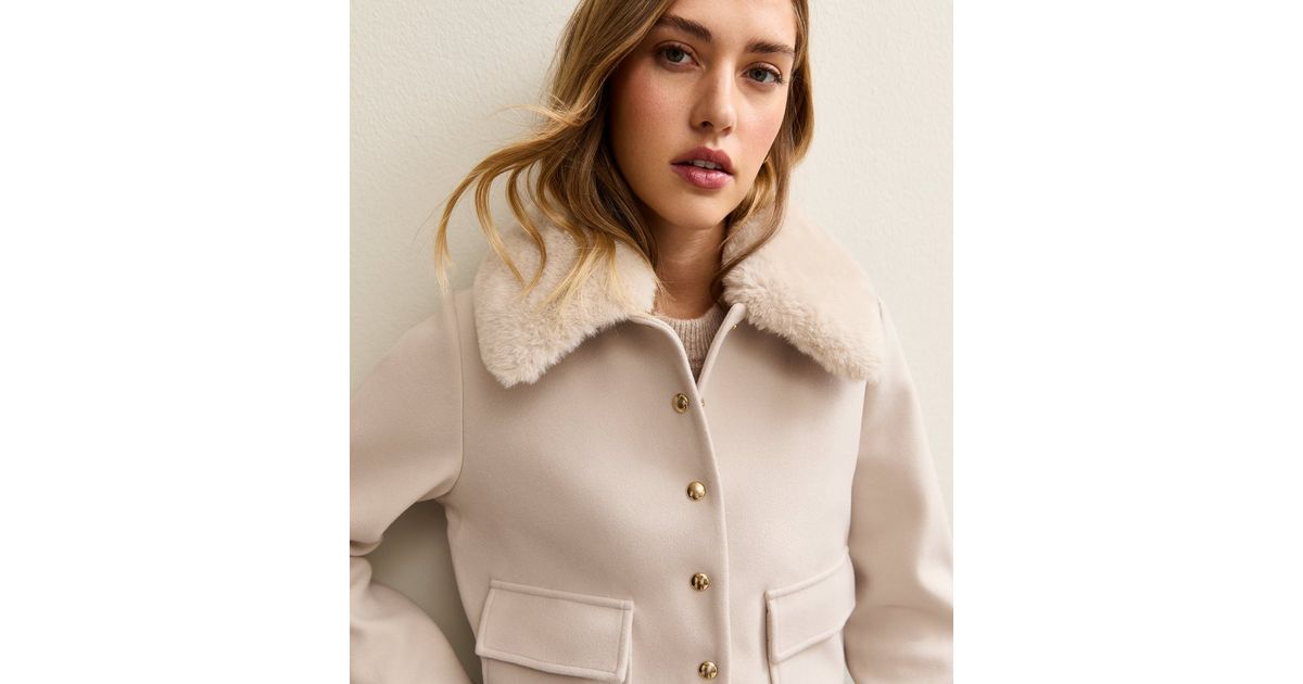 Off White Faux Fur Collar Short Shacket | New Look