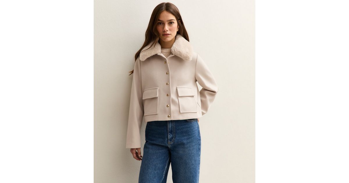 Petite Off White Faux Fur Collar Shacket | New Look