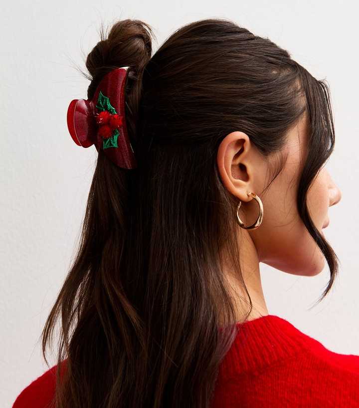 Red Christmas Holy Glitter Claw Clip | New Look