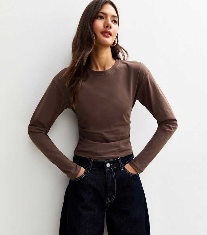 Brown Long Sleeve Pleated Side Corset Top | New Look