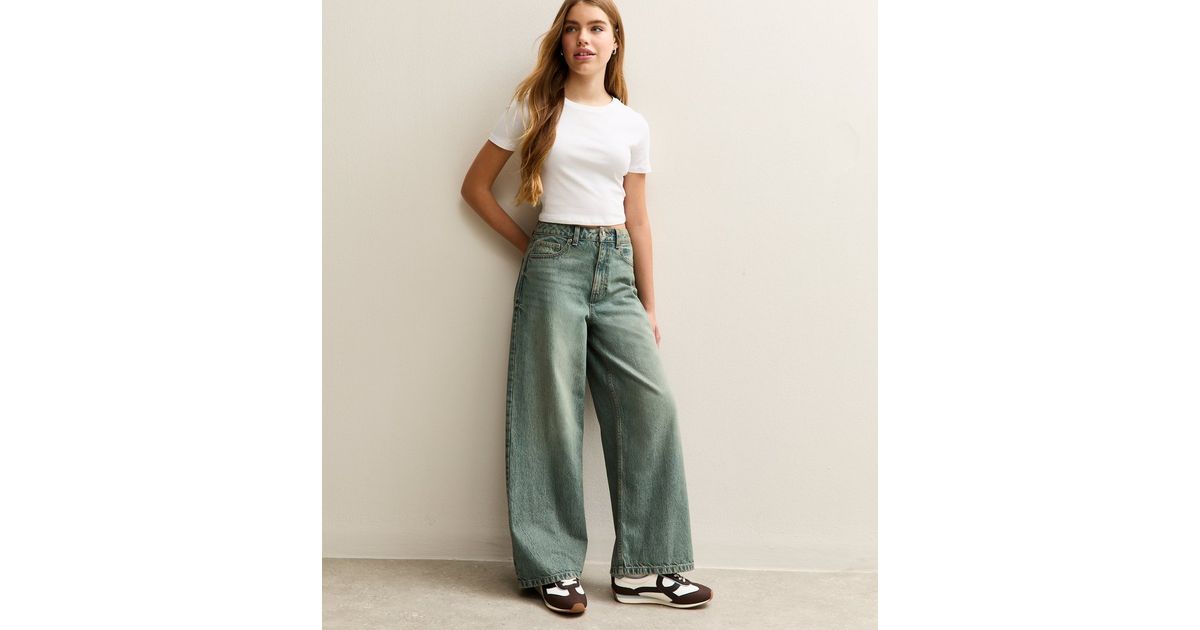 Girls Blue Distressed Wash Super Wide Leg Jeans | New Look