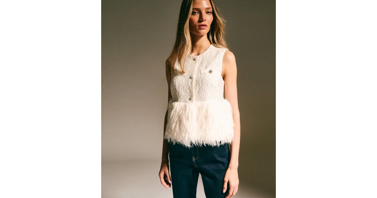 Cream Faux Fur Hem Sleeveless Waistcoat Top | New Look