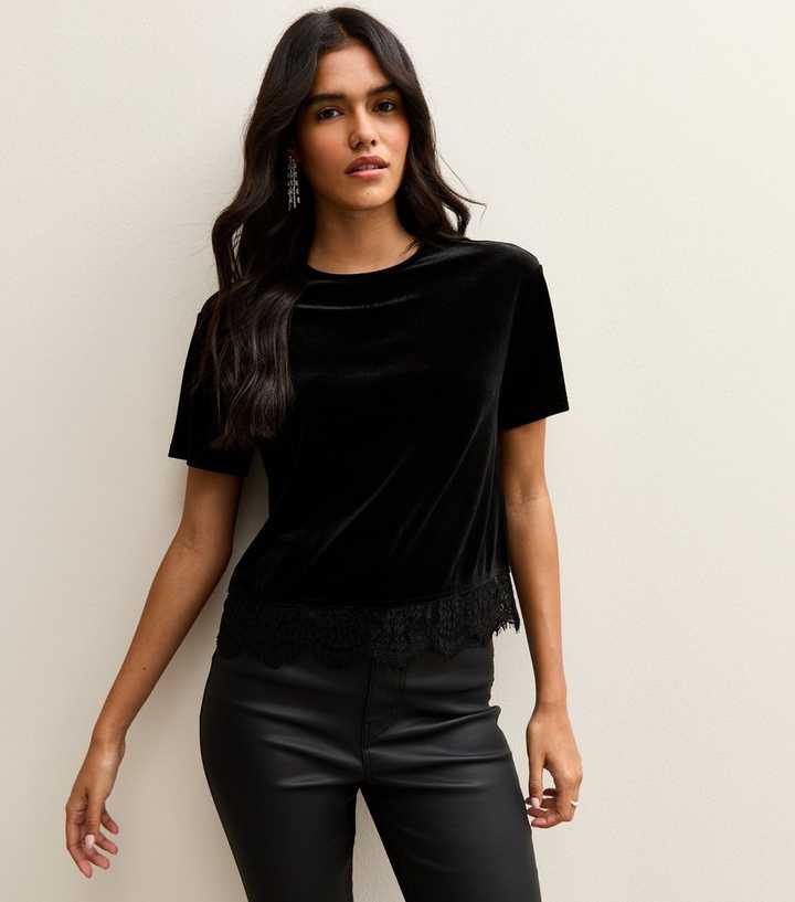 Black Lace Trimmed Velvet Top | New Look