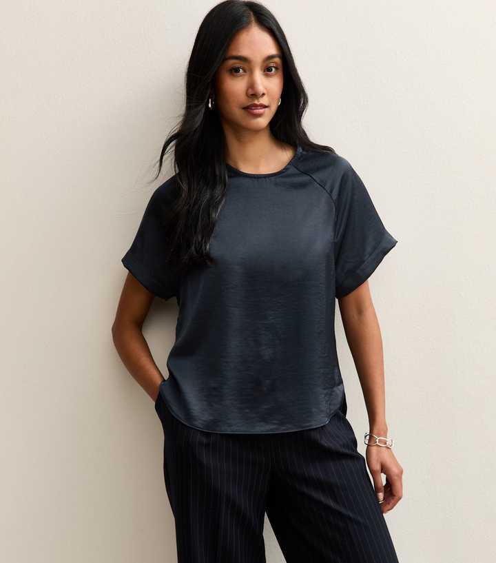 Navy Satin Short Raglan Sleeve Top | New Look