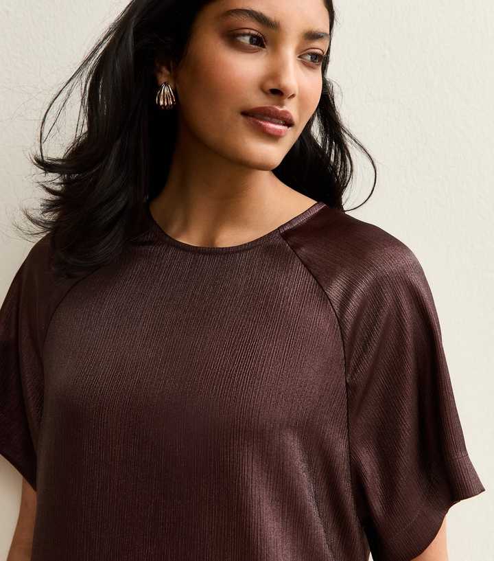 Burgundy Textured Satin Crew Neck Top | New Look