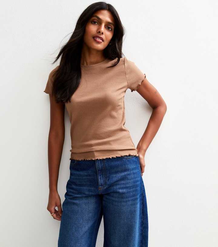 Brown Ribbed Frilly Trim T-Shirt | New Look