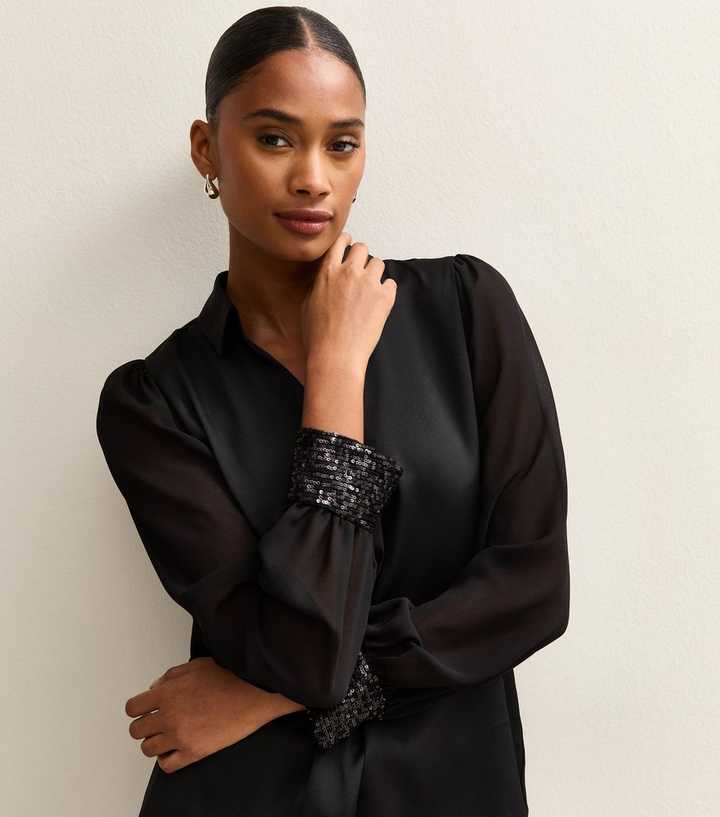 Black Open Neck Sequin Cuff Long Sleeve Satin Shirt | New Look