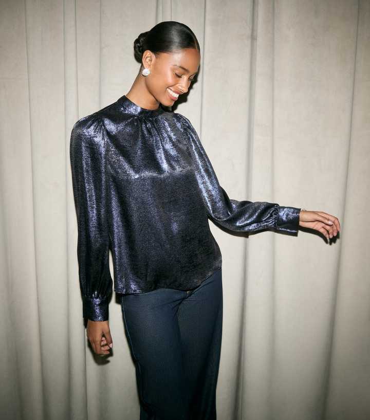 Navy Metallic High Neck Blouse | New Look
