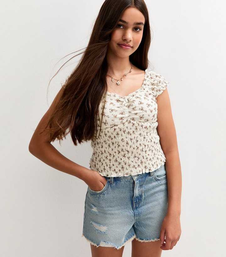 Girls White Crinkle Texture Ditsy Print Shirred Top | New Look