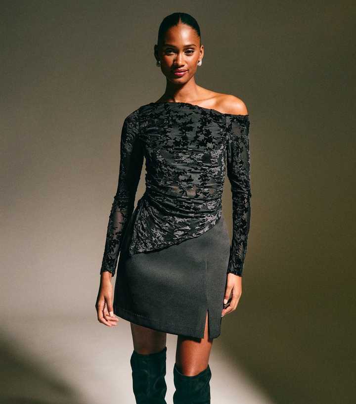 Black Velvet Devore Long Sleeve Top | New Look