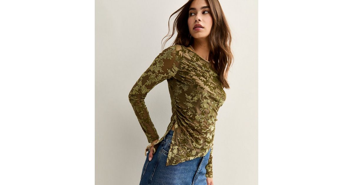 Green Velvet Devore Long Sleeve Top | New Look