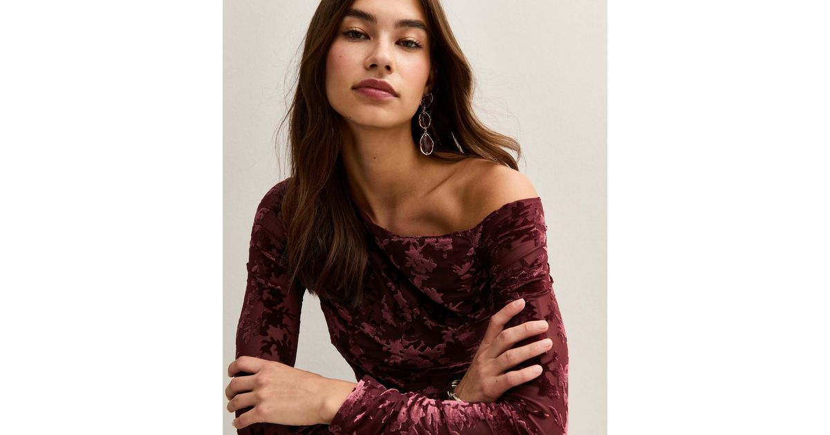 Burgundy Velvet Devore Long Sleeve Top | New Look