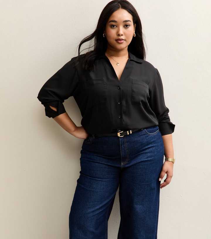 Curves Black Front Pocket V-Neck Shirt | New Look