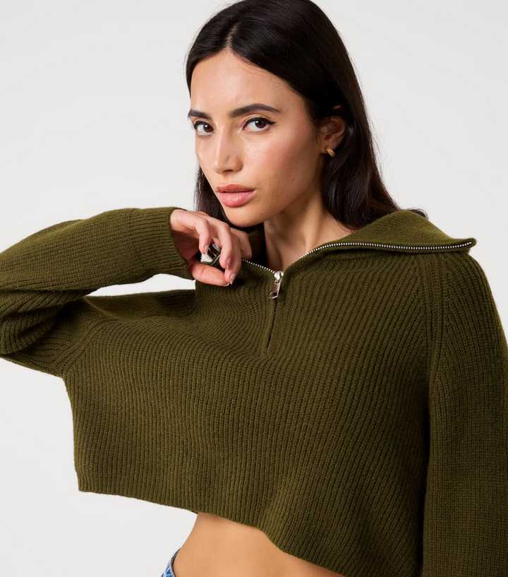 Pink Vanilla Dark Khaki Half Zip Knit Jumper | New Look
