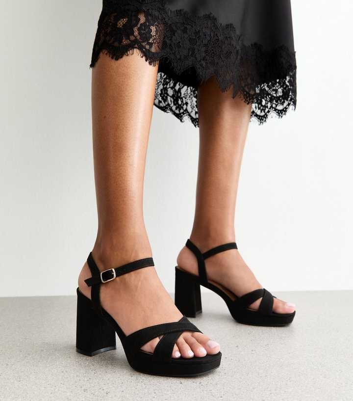 Black Faux Suede Cross Strap Heel Sandals | New Look
