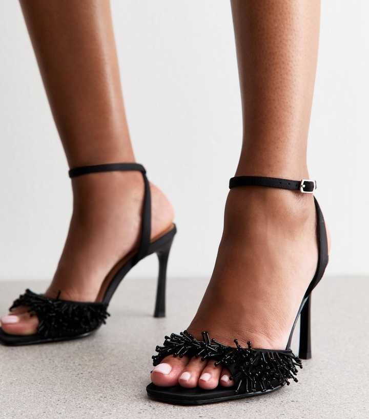 Black Satin Beaded Strap Stiletto Sandals | New Look