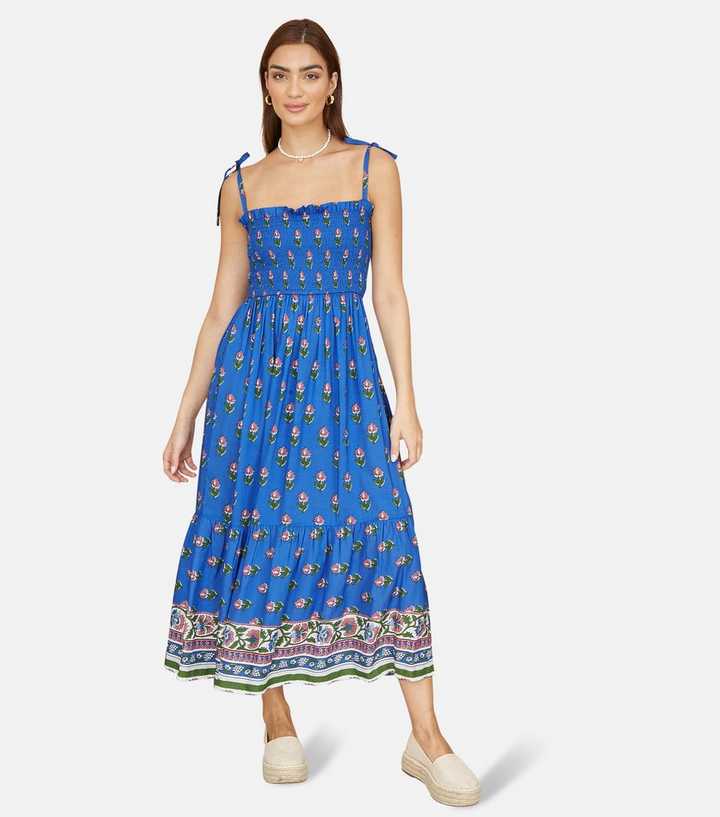 Yumi Blue Floral Print Smocked Sun Dress | New Look