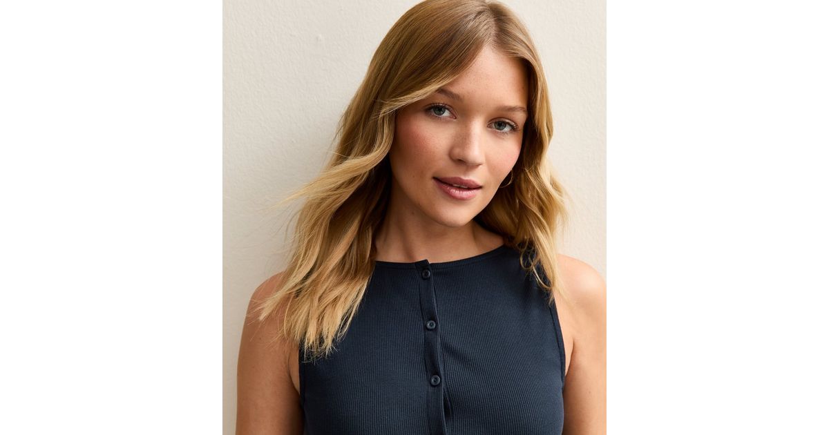 Navy Ribbed Button Front Tank Top | New Look