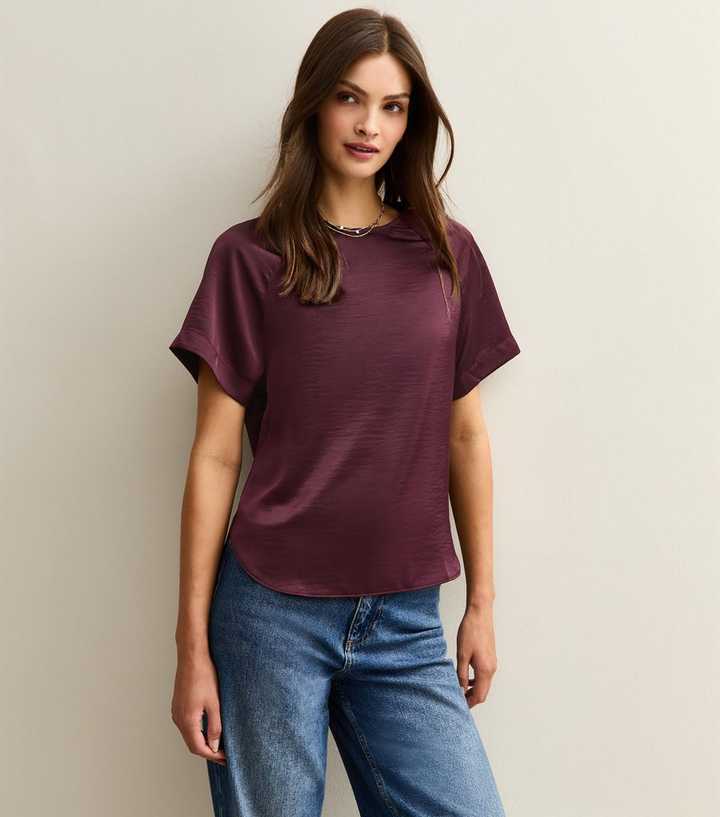 Tall Dark Burgundy Satin Short Sleeve Top | New Look