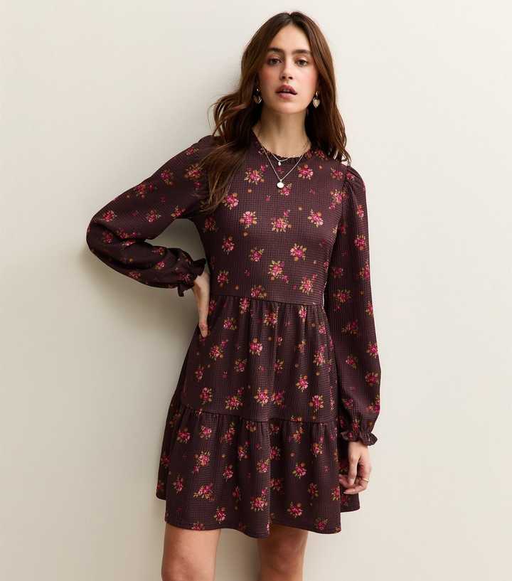 Purple Crinkle Texture Floral Print Mini Smock Dress | New Look