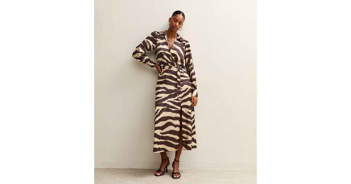 Brown Zebra Print Satin Wrap Midi Dress | New Look