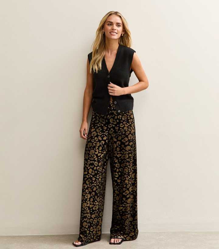 Petite Black Animal Print Stretch Velvet Trousers | New Look