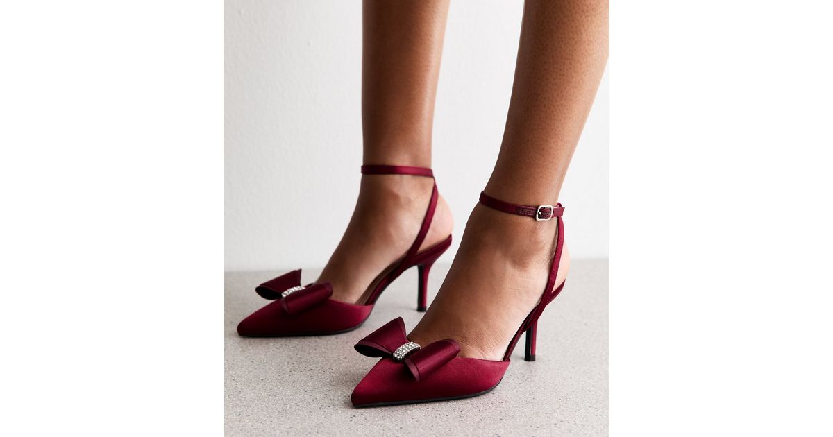 Light Burgundy Satin Bow Embellished Stiletto Heels | New Look