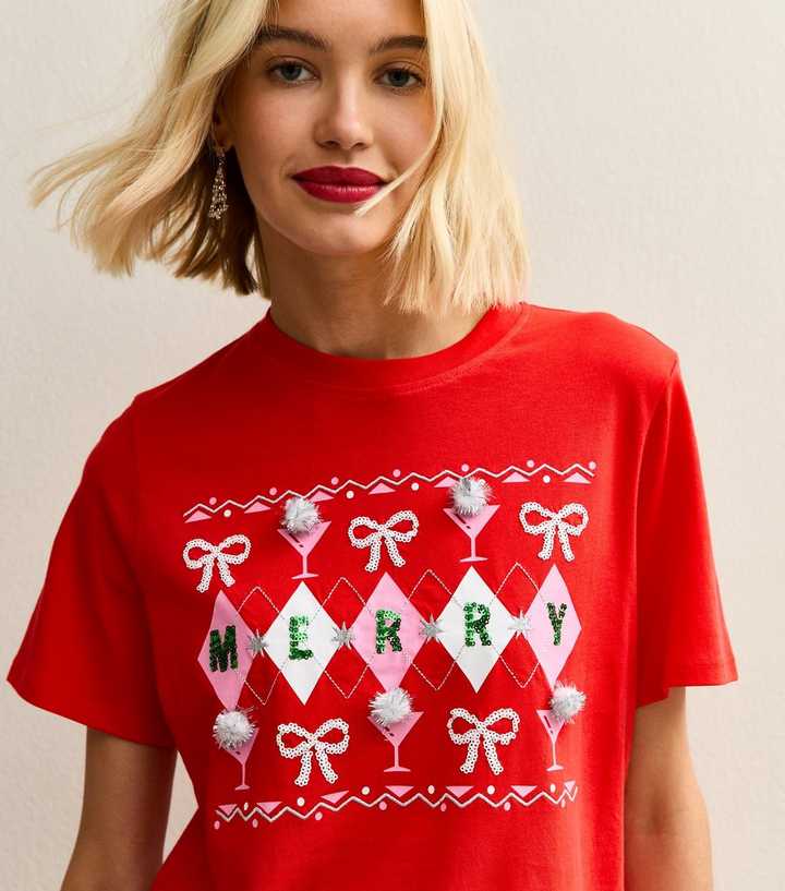 Bright Red Christmas Merry Garland Relaxed T-Shirt | New Look