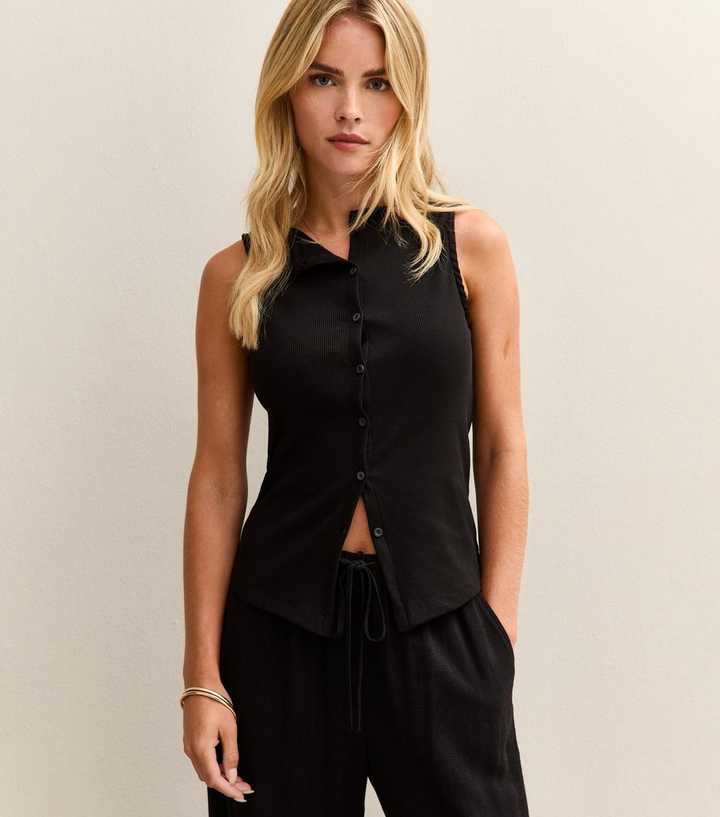 Petite Black Button Up Vest | New Look