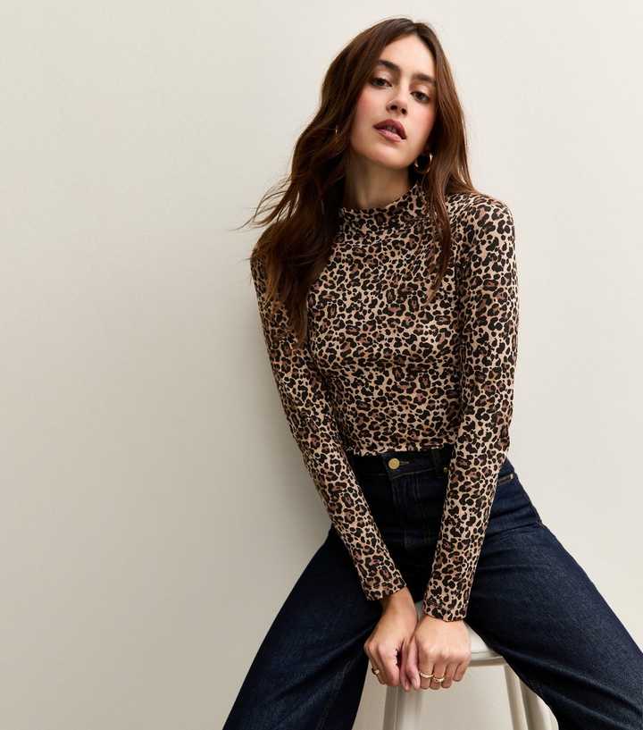 Brown Ribbed Jersey Leopard Print Top | New Look