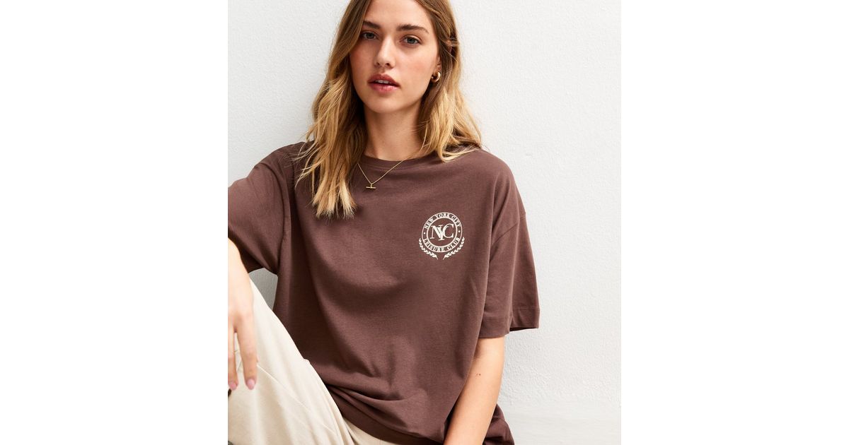 Dark Brown NYC Crest Print T-Shirt | New Look