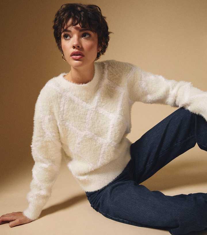 Off White Fluffy Knit Diamond Pattern Jumper | New Look