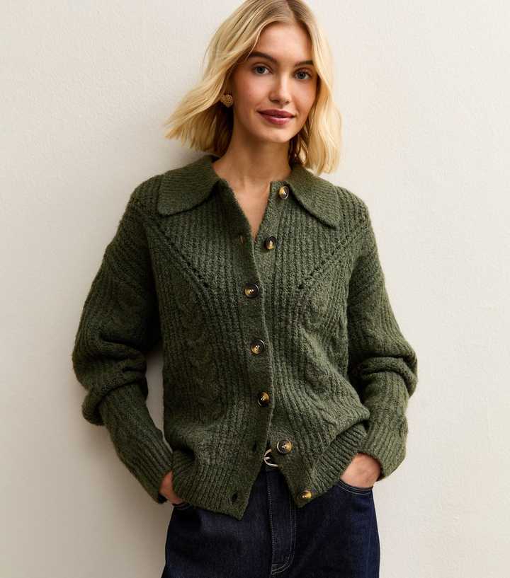 Light Khaki Cable Knit Collared Cardigan | New Look