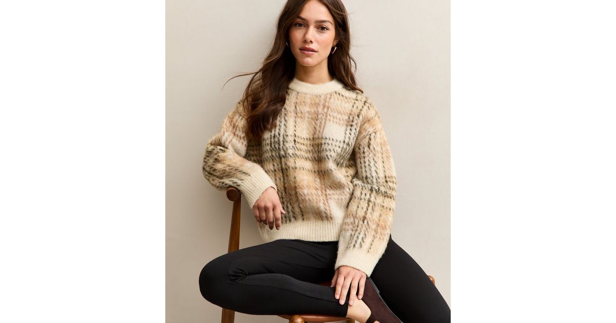 Petite Cream Midweight Brushed Check Jumper | New Look
