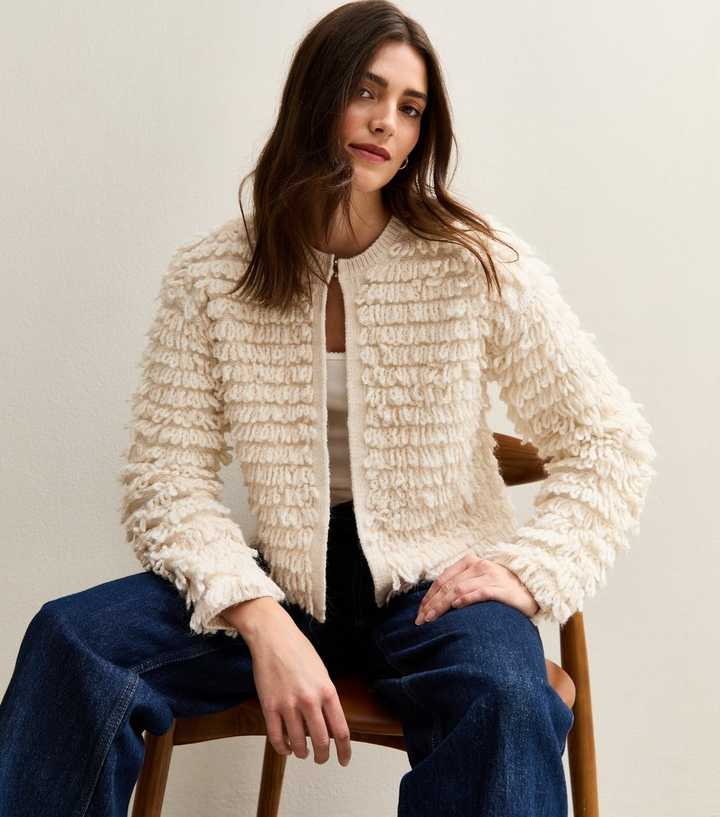 Cream Textured Weave Knit Long Sleeve Cardigan | New Look