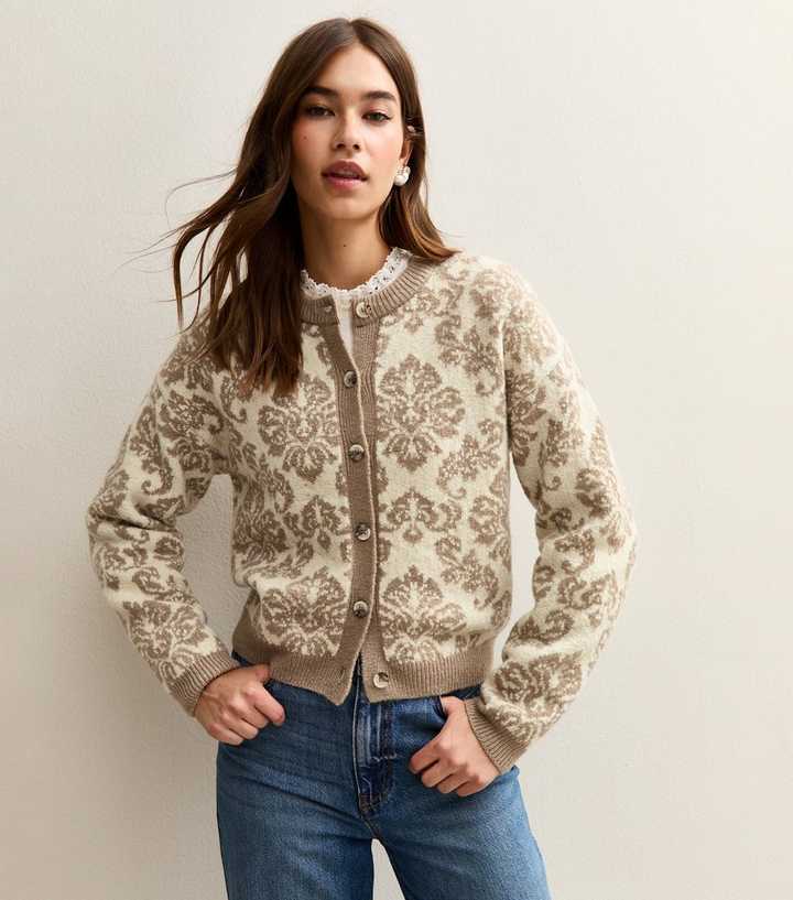 Cream Baroque Patterned Crew Neck Cardigan | New Look