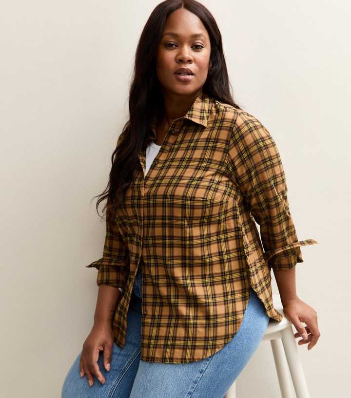Curves Brown Checked Button Up Shirt | New Look