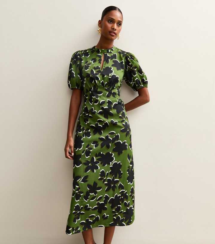 Green Crepe Floral Print Keyhole Midi Dress | New Look