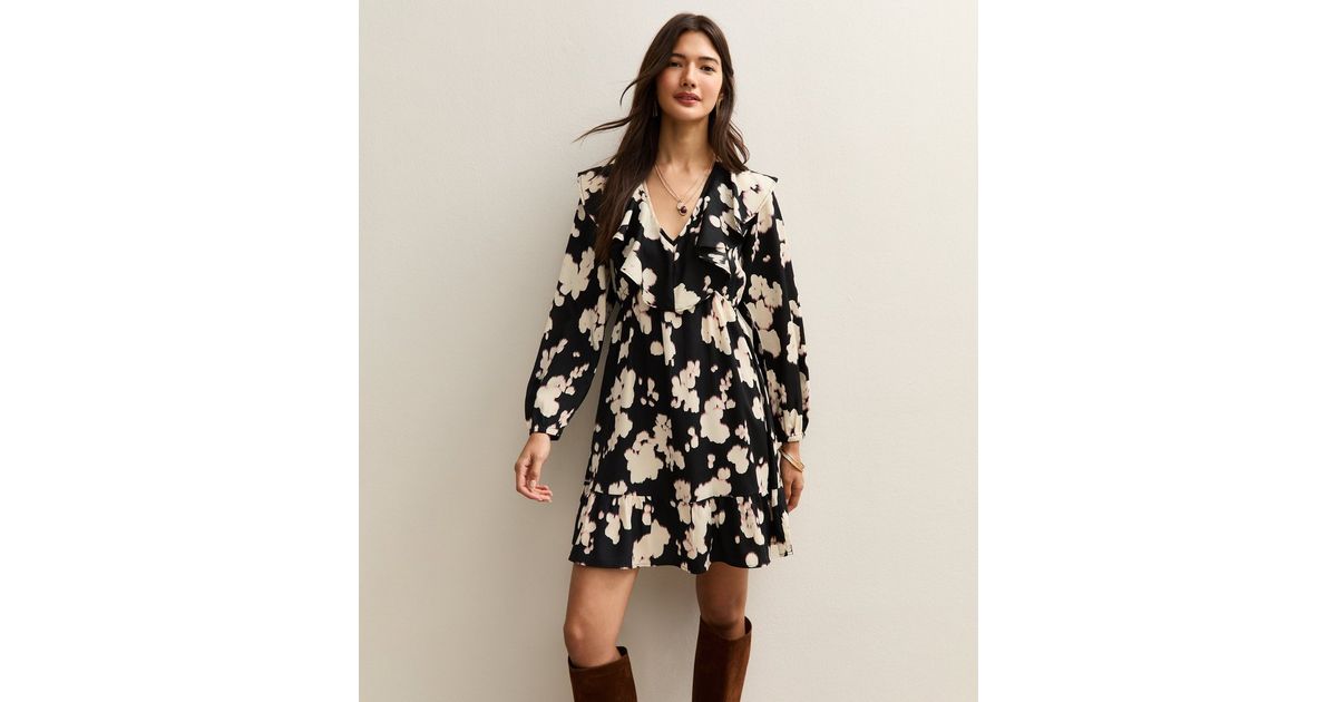 Black Smudge Print Frill Neck Mini Dress | New Look